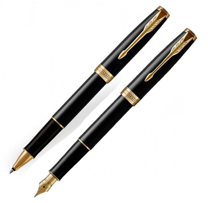 Parker Sonnet Laque Black Gold Trim Fountain & Rollerball Pen Set | Executive Pens Direct