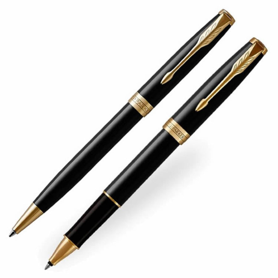 Parker Sonnet Laque Black Gold Trim Ballpoint & Rollerball Pen Set. Executive Pens Direct